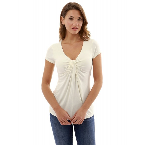 Womens V Neck Twist Knot Front Short Sleeve Top Off White C812imw9nq1